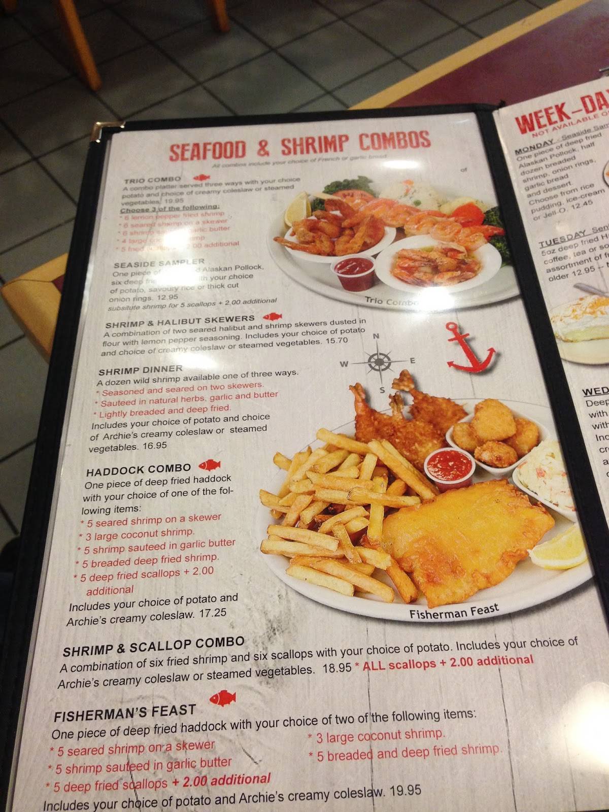 Menu at Archie's Fish & Chips restaurant, London, Huron St