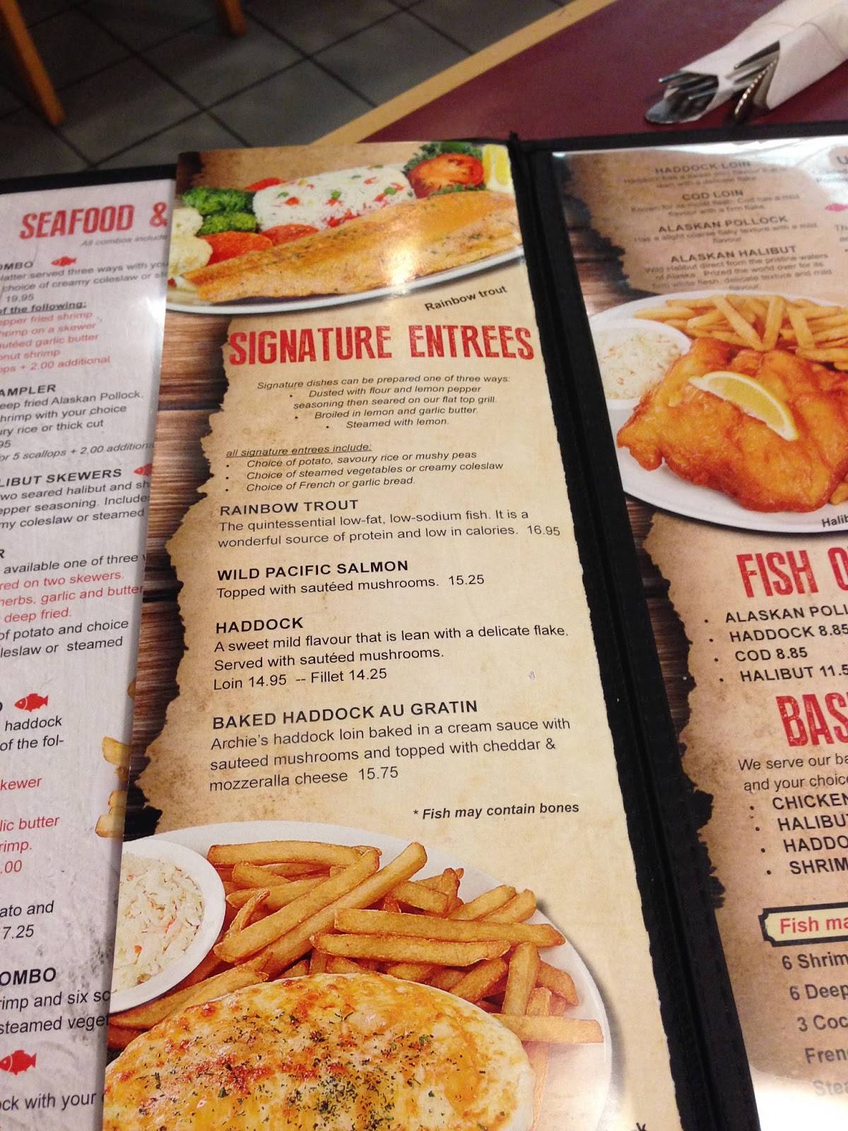 Menu at Archie's Fish & Chips restaurant, London, Huron St