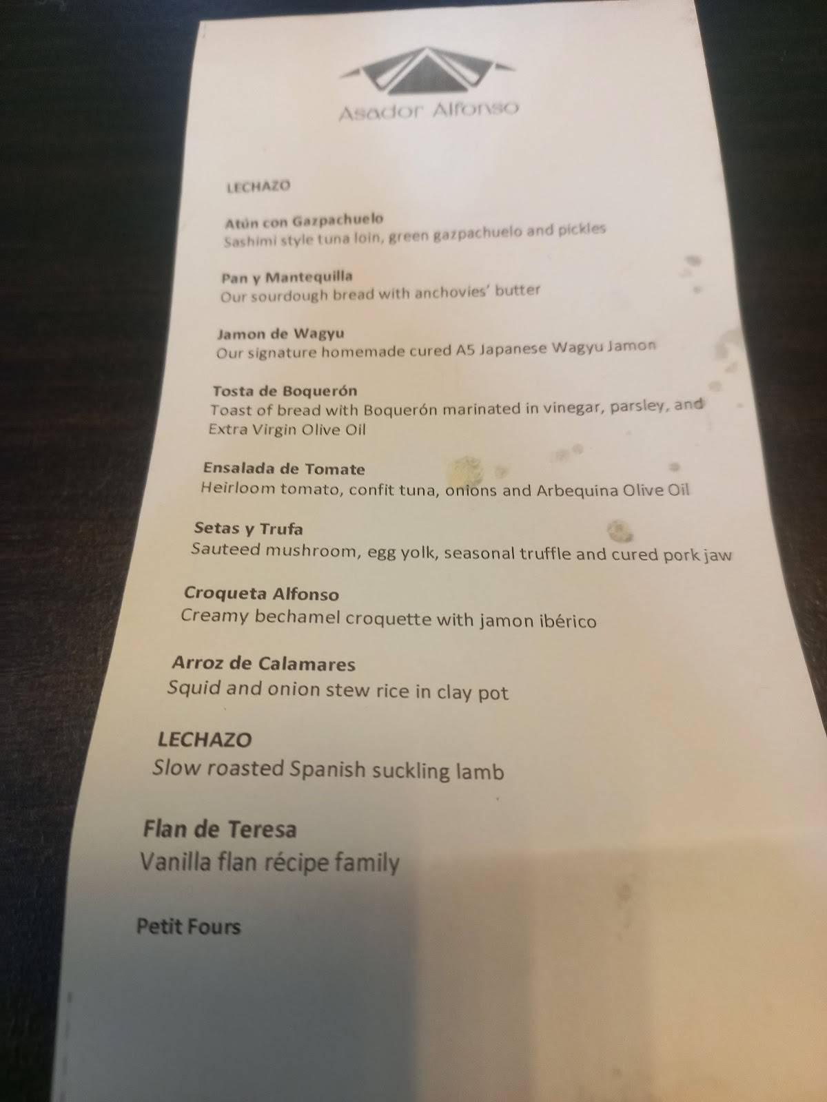 Menu at Asador Alfonso restaurant, Alfonso