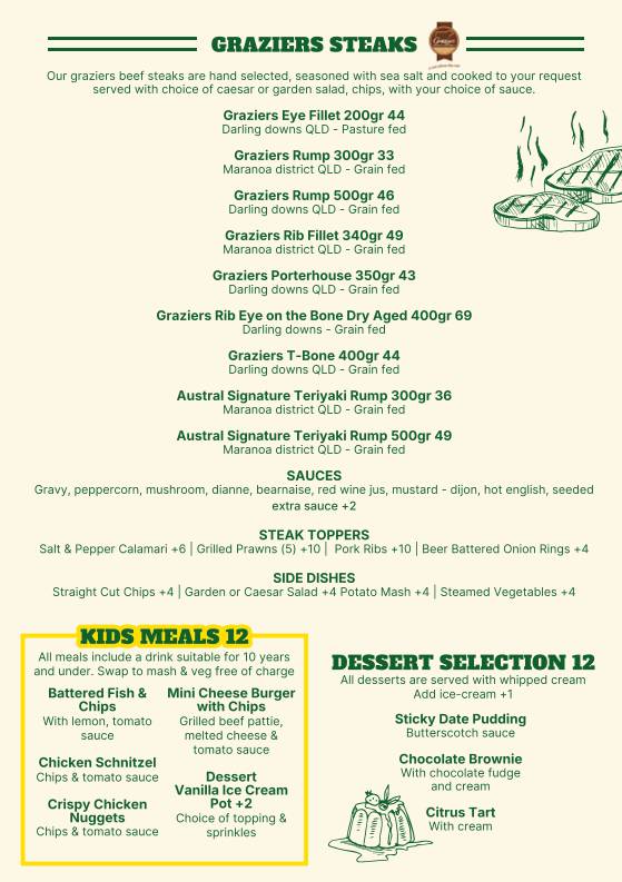 Menu at Austral Hotel restaurant, Mackay