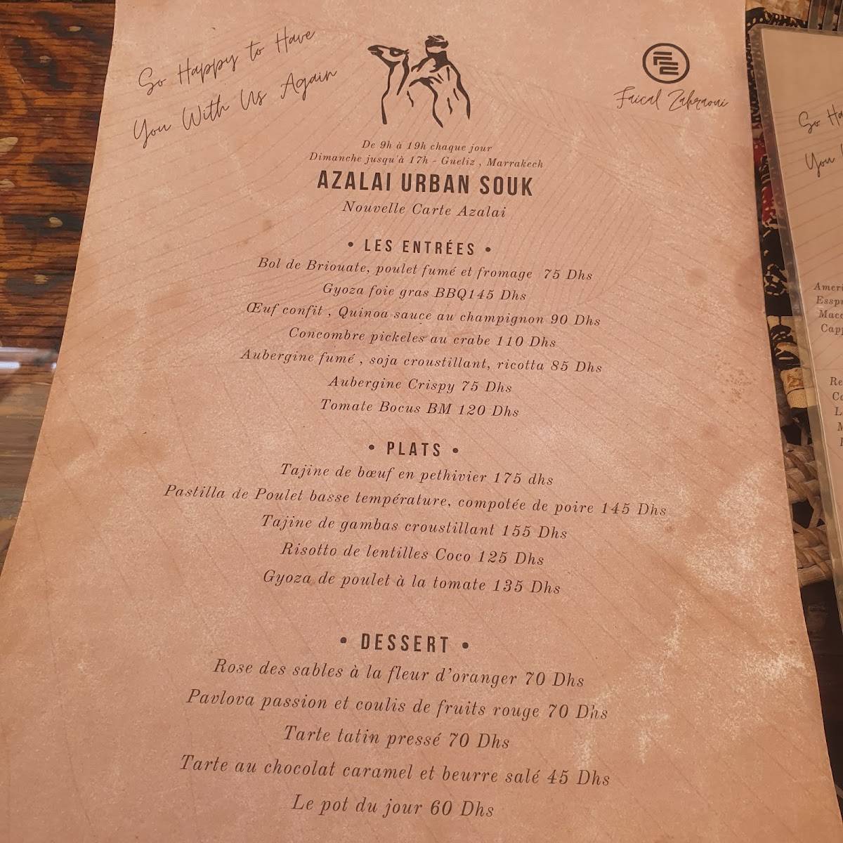 Menu au Azalai urban souk restaurant, Marrakech