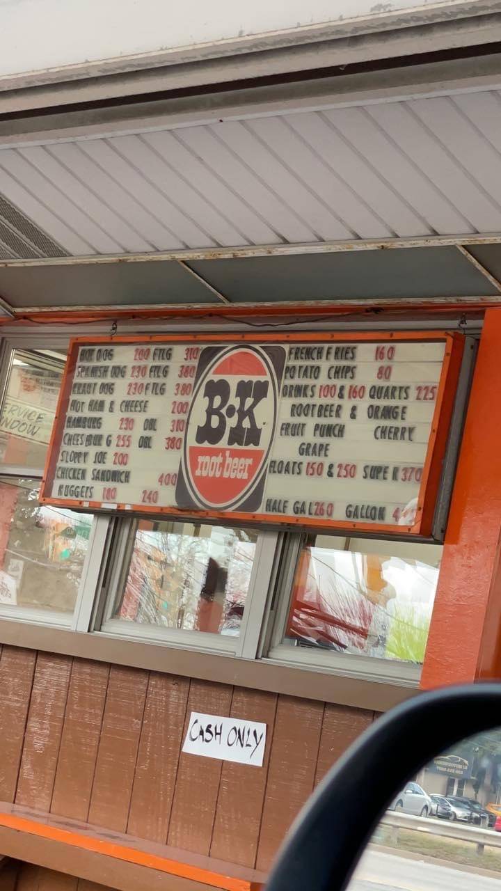 Menu at B & K Root Beer Drive In restaurant, Akron