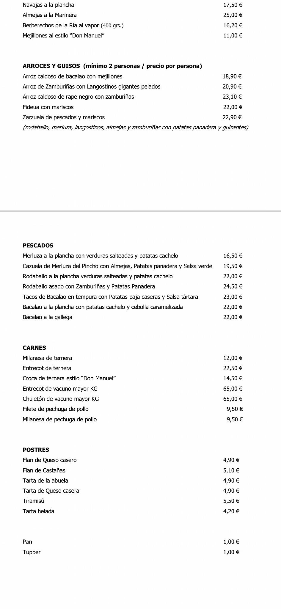 Carta de RESTAURANTE & BAR DON MANUEL, Cuntis