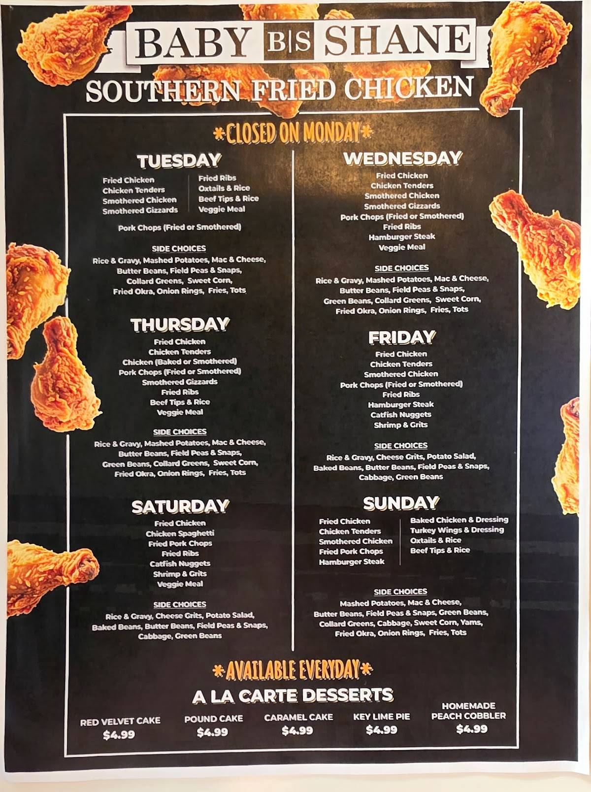 Menu at Baby Shane Southern Fried Chicken restaurant, Albany