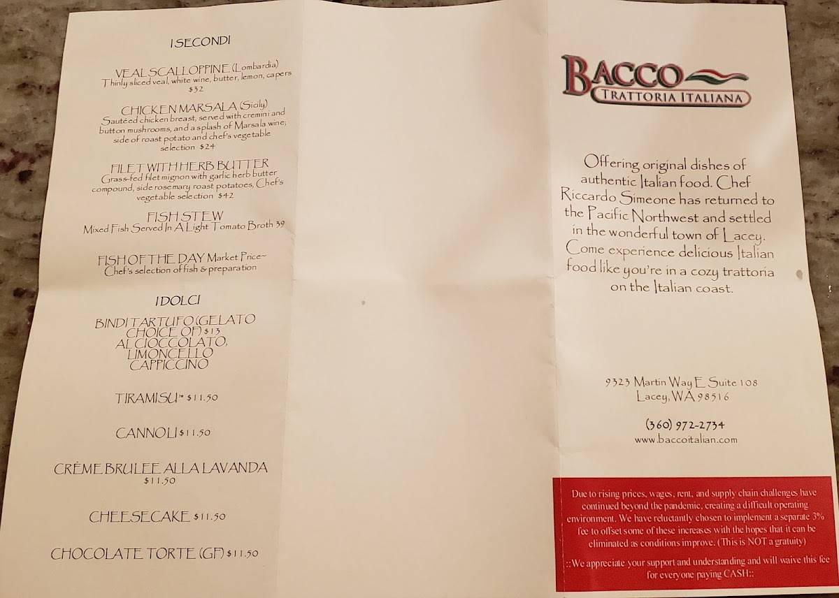 Menu at Bacco Trattoria Italiana restaurant, Lacey