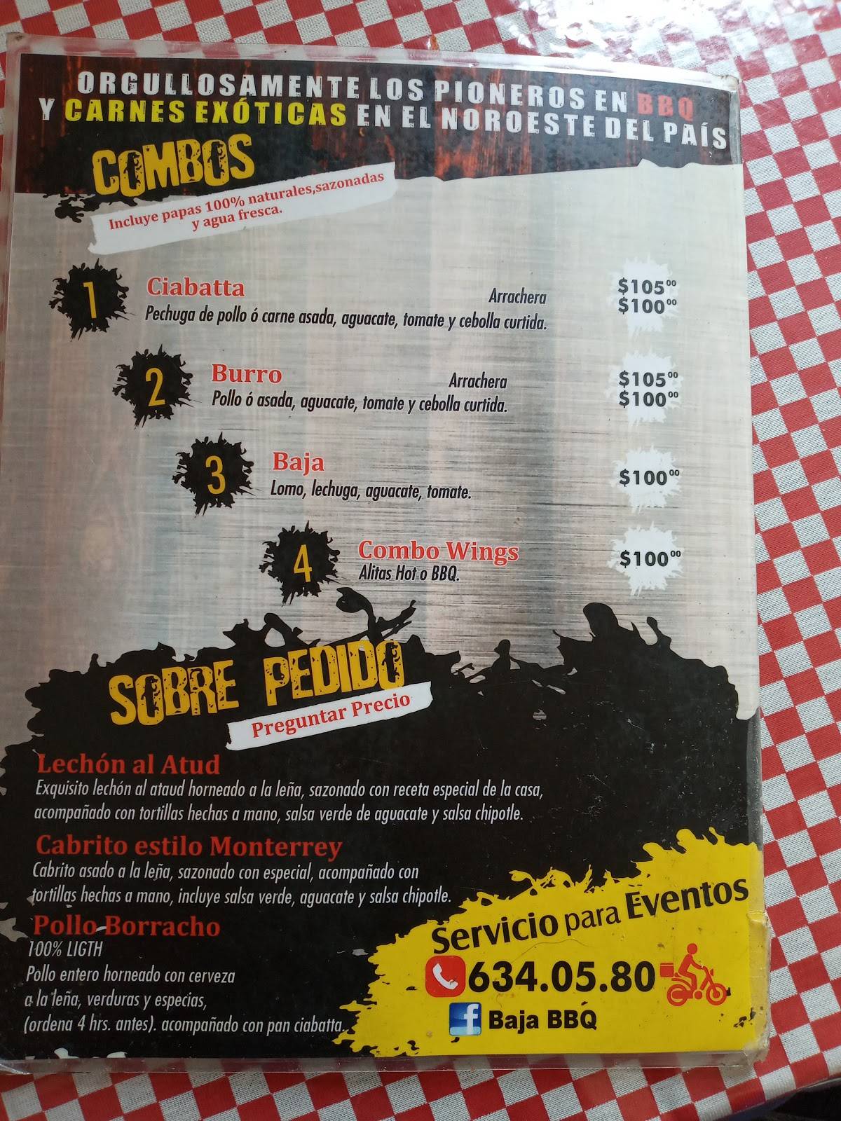 Menu at Baja BBQ Pit, Tijuana, 11 y o Plutarco Elías Calles 1984