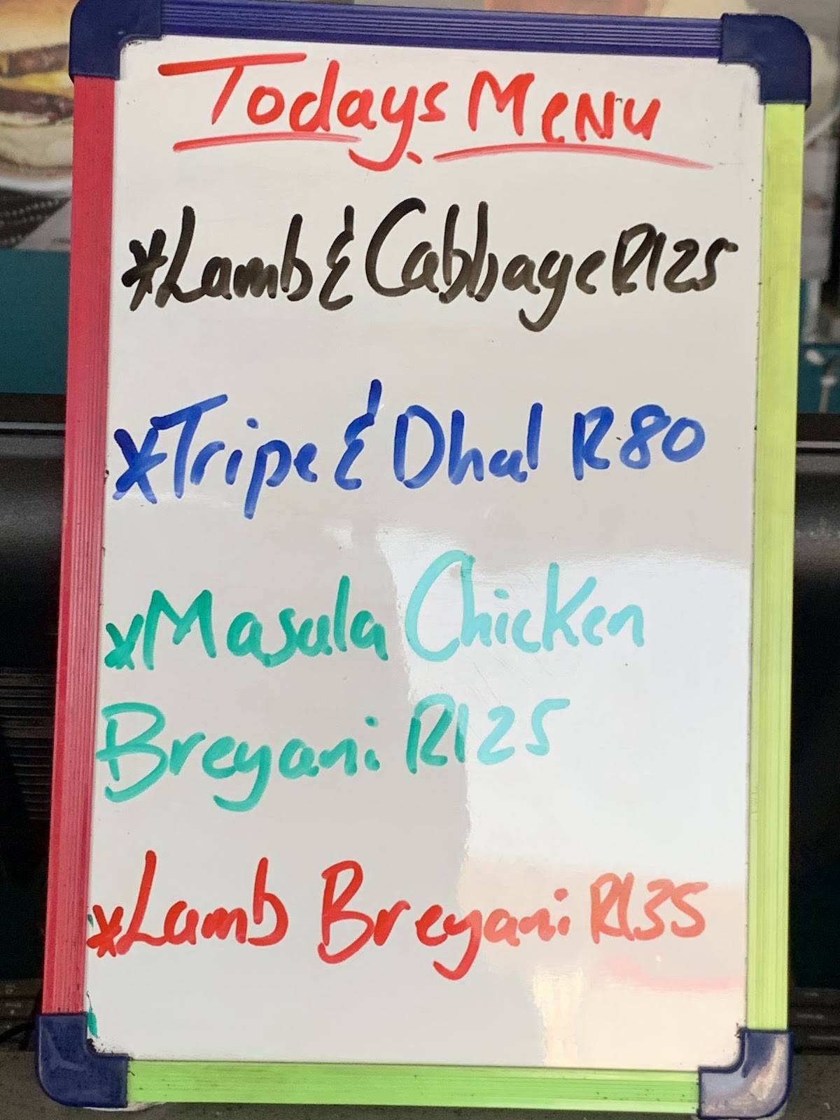 Menu at Ballito Bunny restaurant, Johannesburg