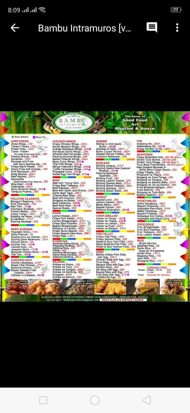 Menu at Bambu Intramuros restaurant, Manila
