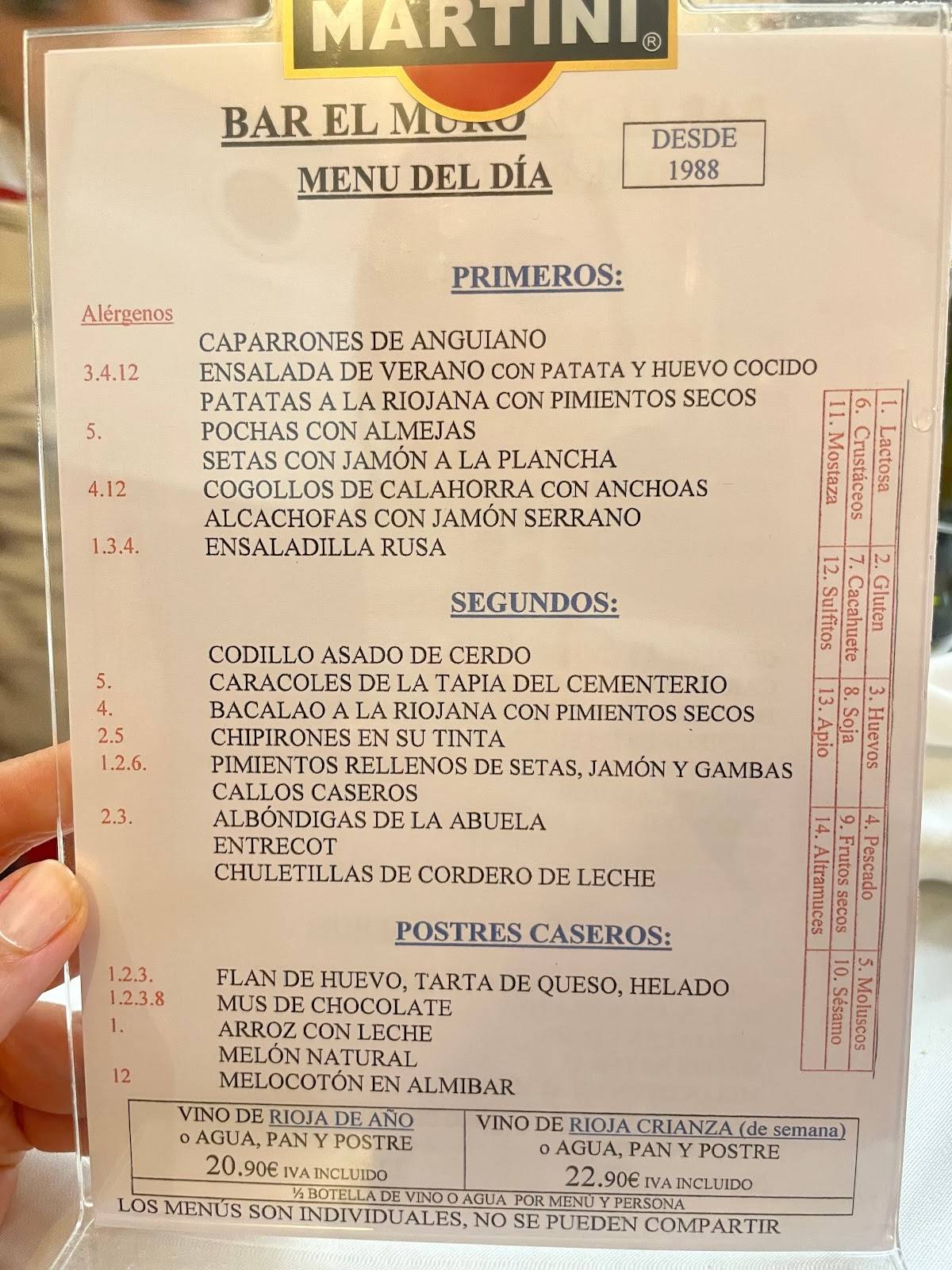 Carta de Bar El Muro Restaurante, Logroño, Laurel