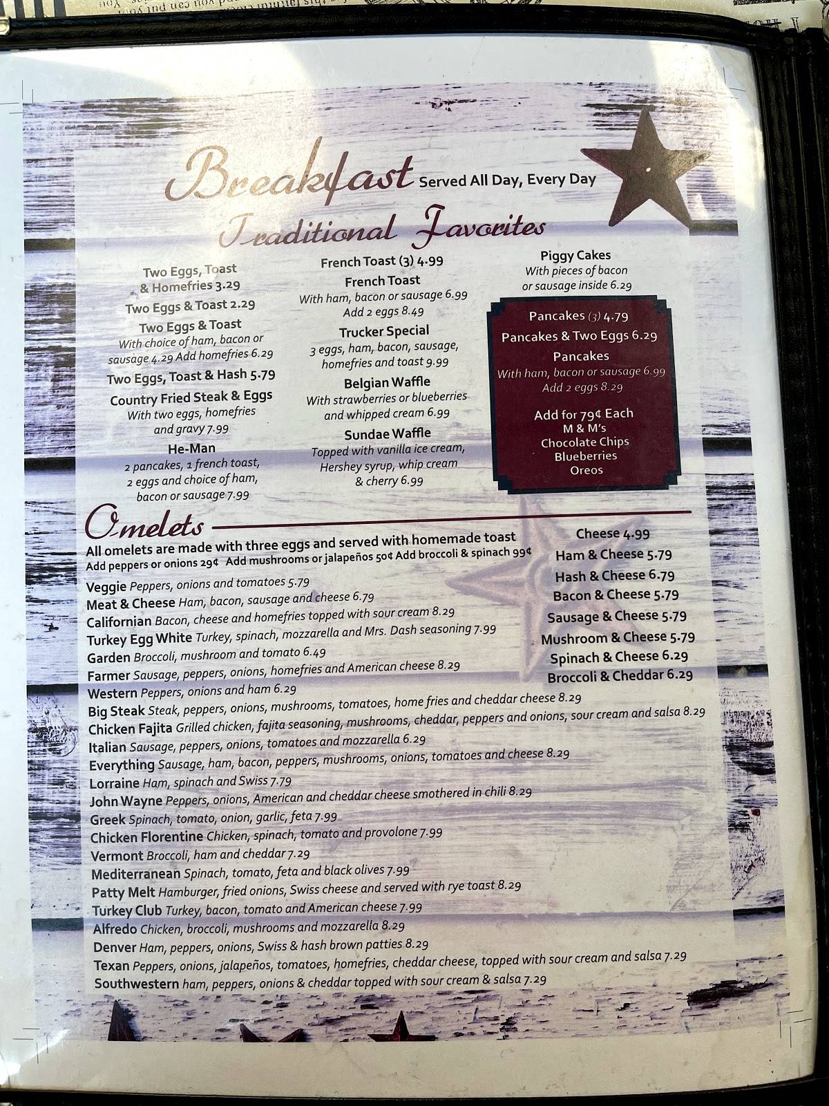 Menu at Becky's Diner restaurant, Waverly