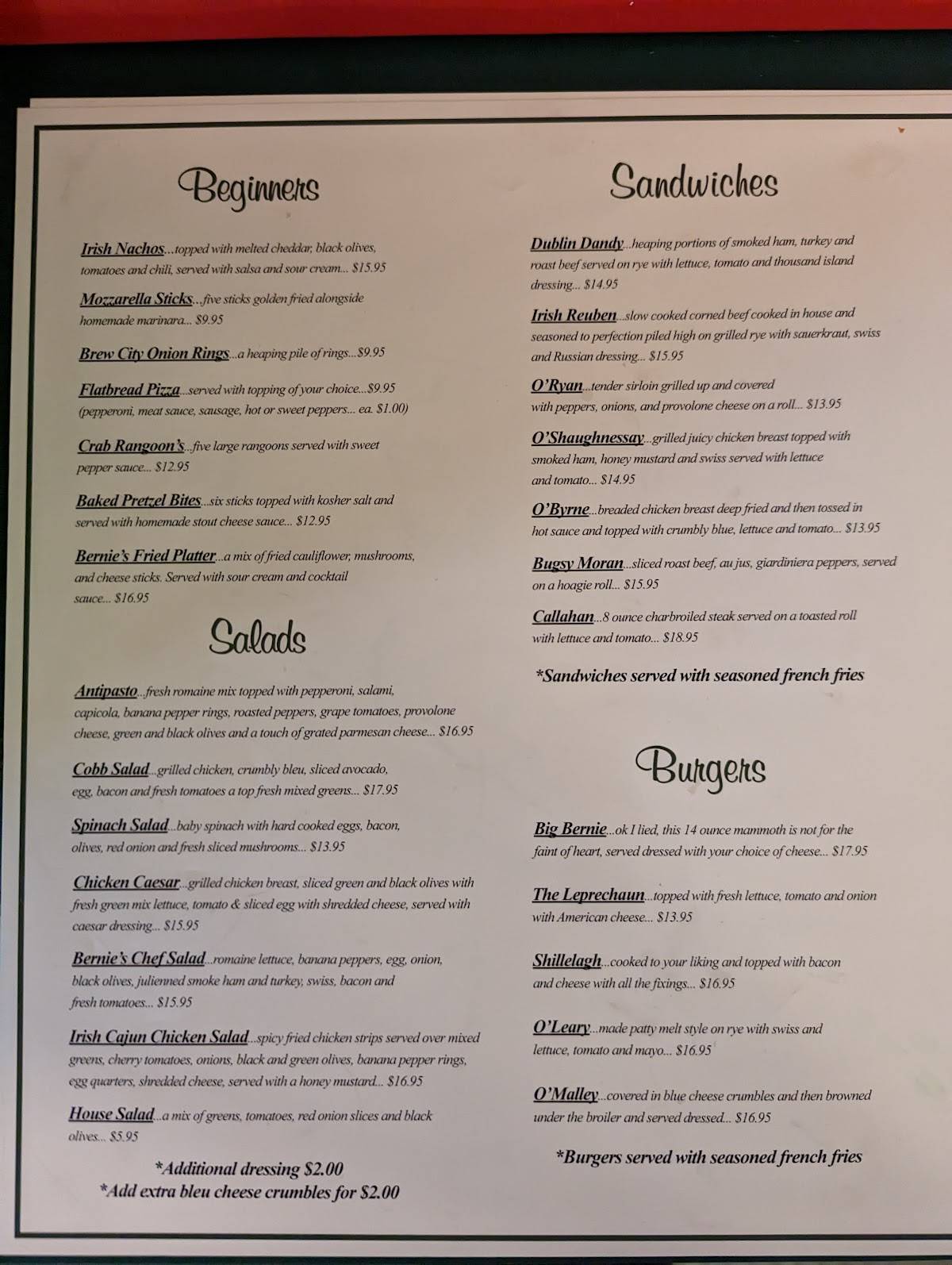 Menu at Bernie Murray's restaurant, Elmira