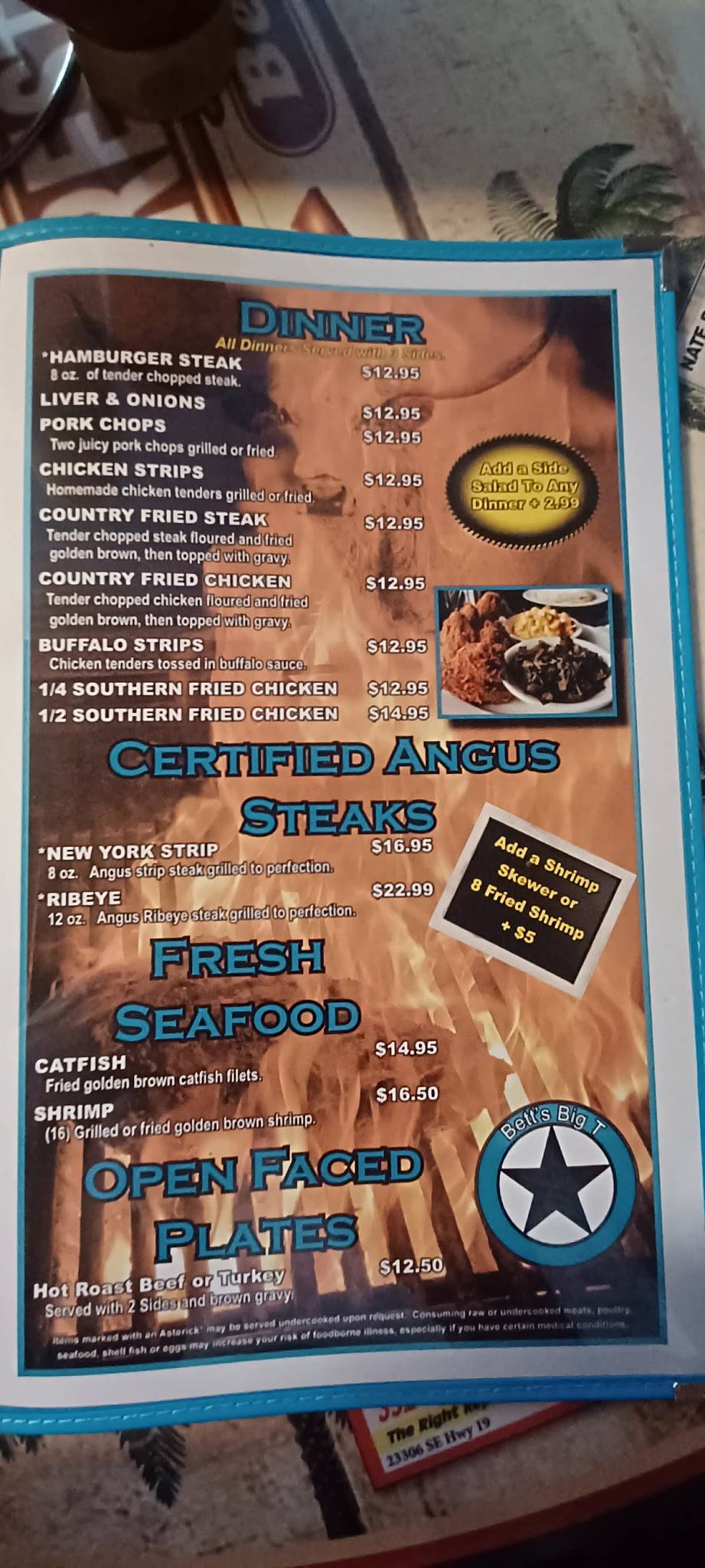 Menu at Bett's Big T Restaurant, Chiefland