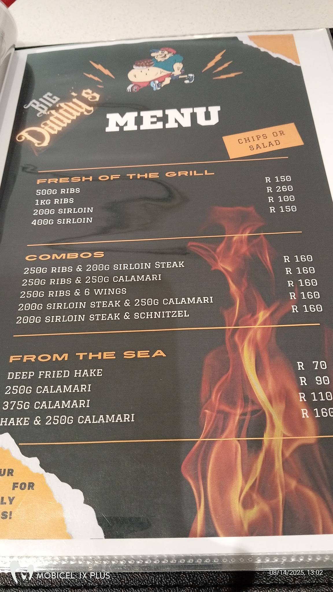 Menu at Big Daddy's Restaurant, Mossel Bay