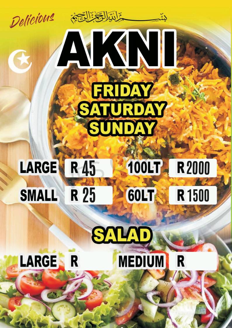 Menu au Bismillah Food Fusion Halal Take-away, Le Cap