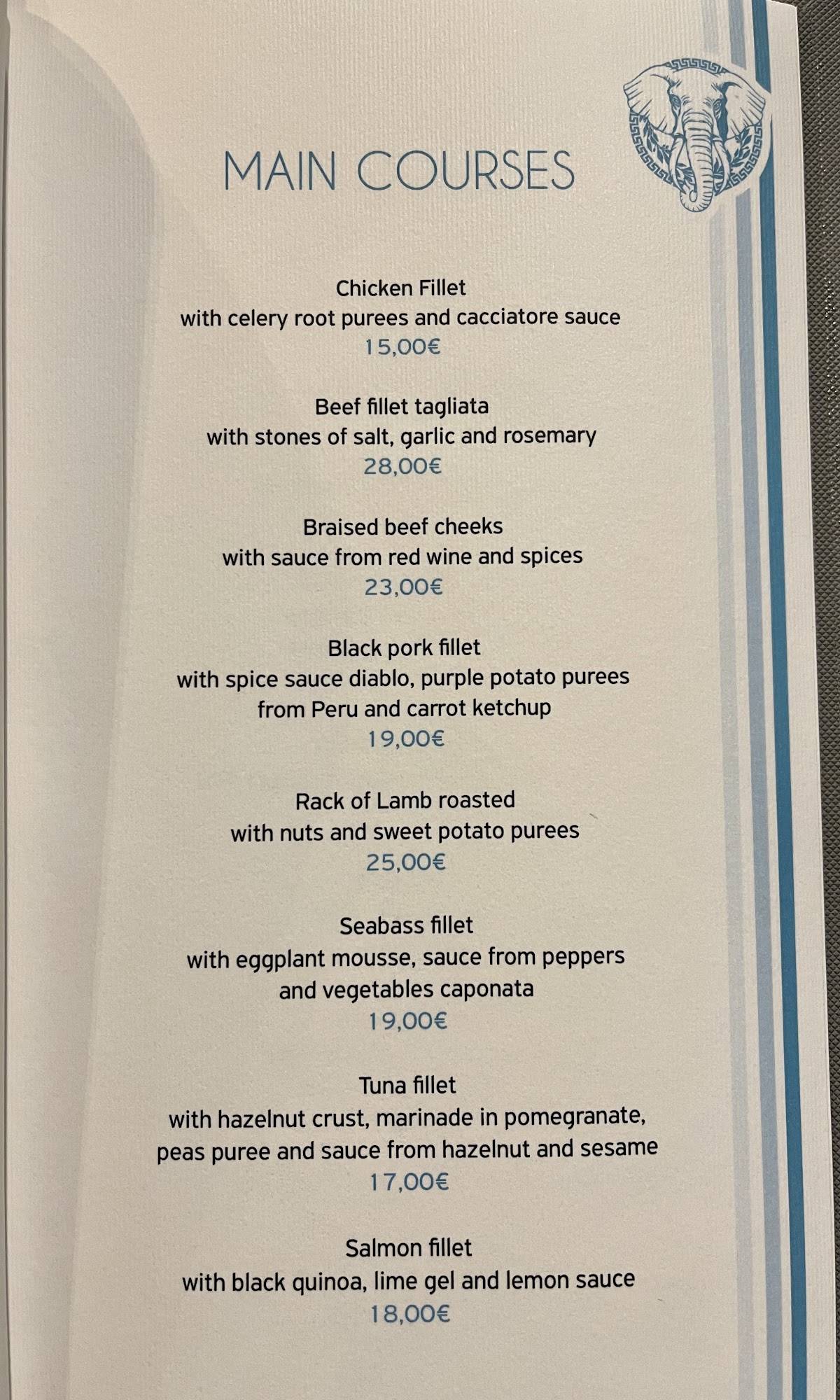 Menu at Blue Elephant Restaurant, Almyrida