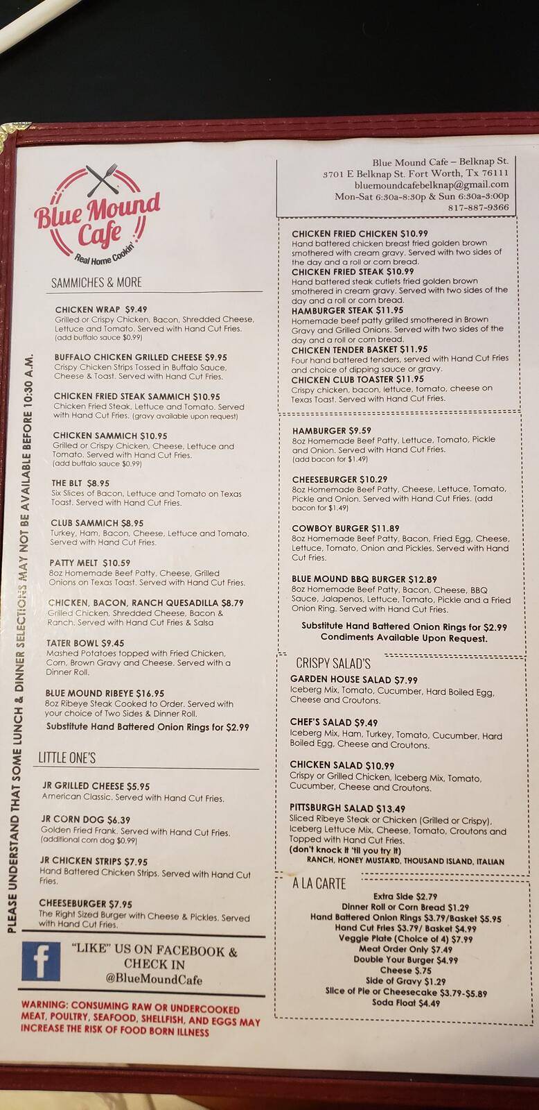 Menu at Blue Mound Cafe - Belknap, Fort Worth