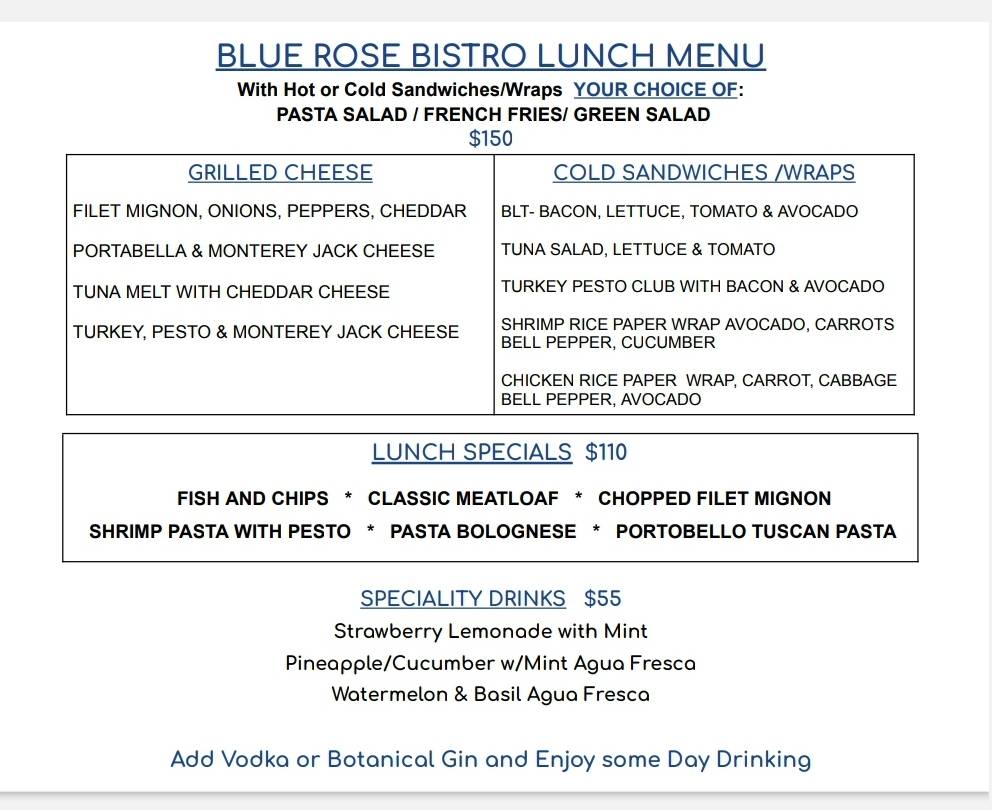 Menu at Blue Rose Bistro restaurant, Ajijic, Carr Jocotepec-chapala 224