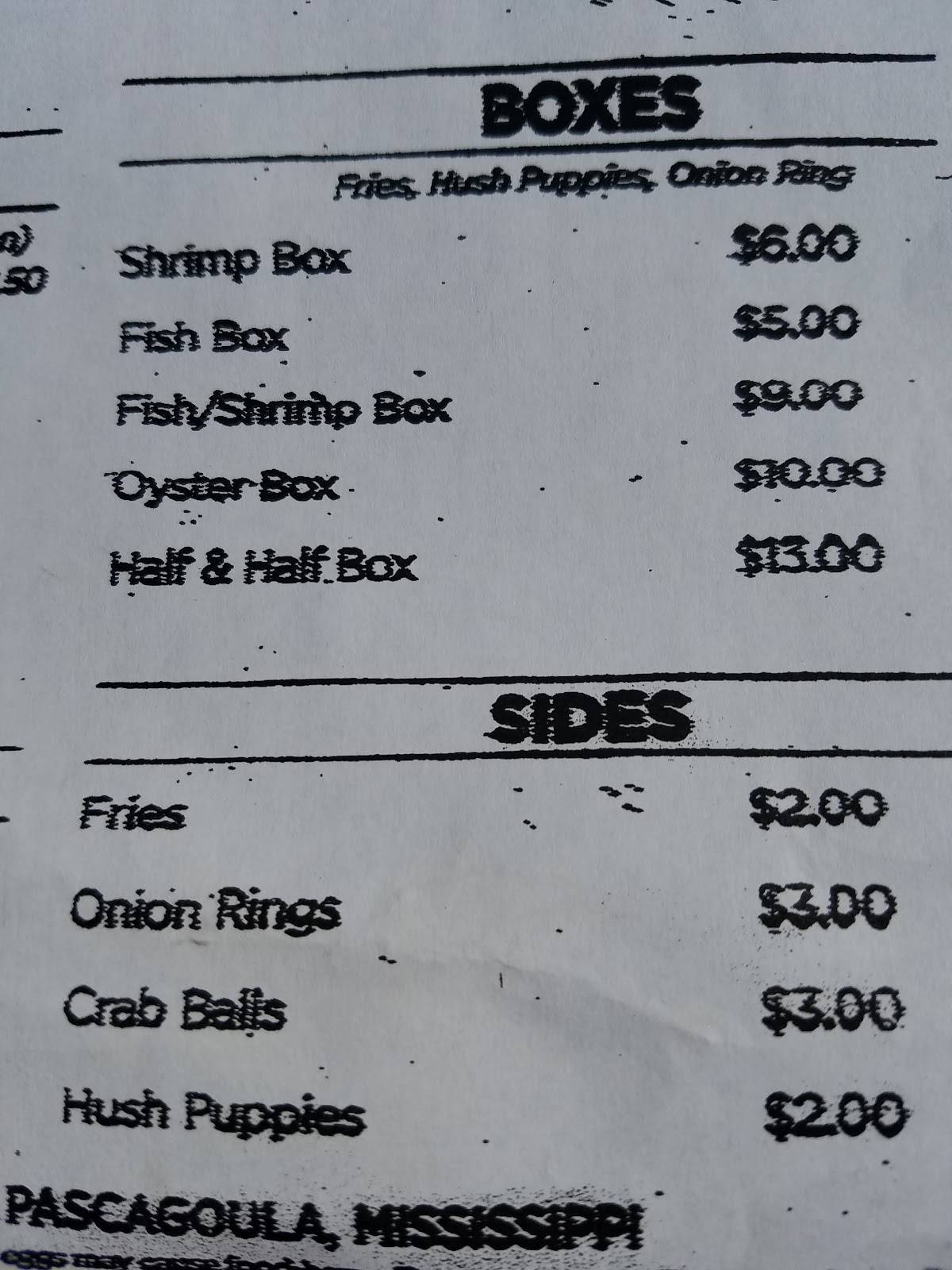 Menu at Bozo's Seafood Market restaurant, Pascagoula