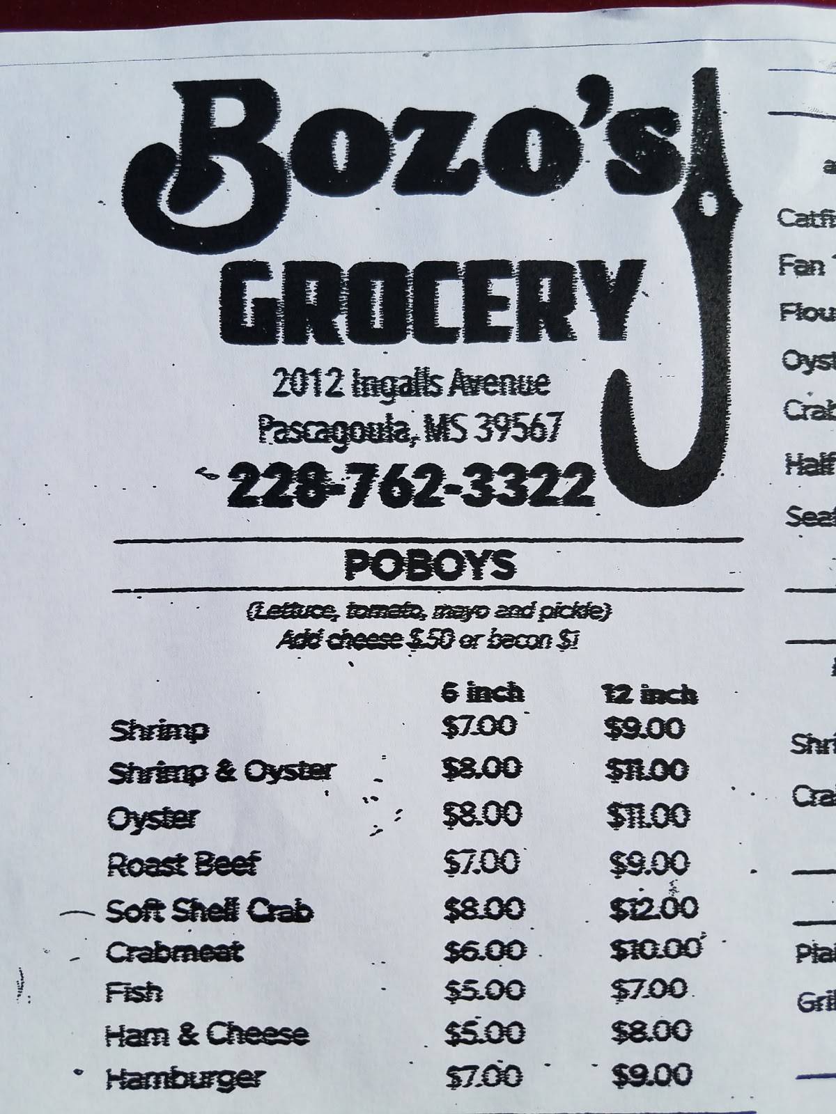 Menu at Bozo's Seafood Market restaurant, Pascagoula
