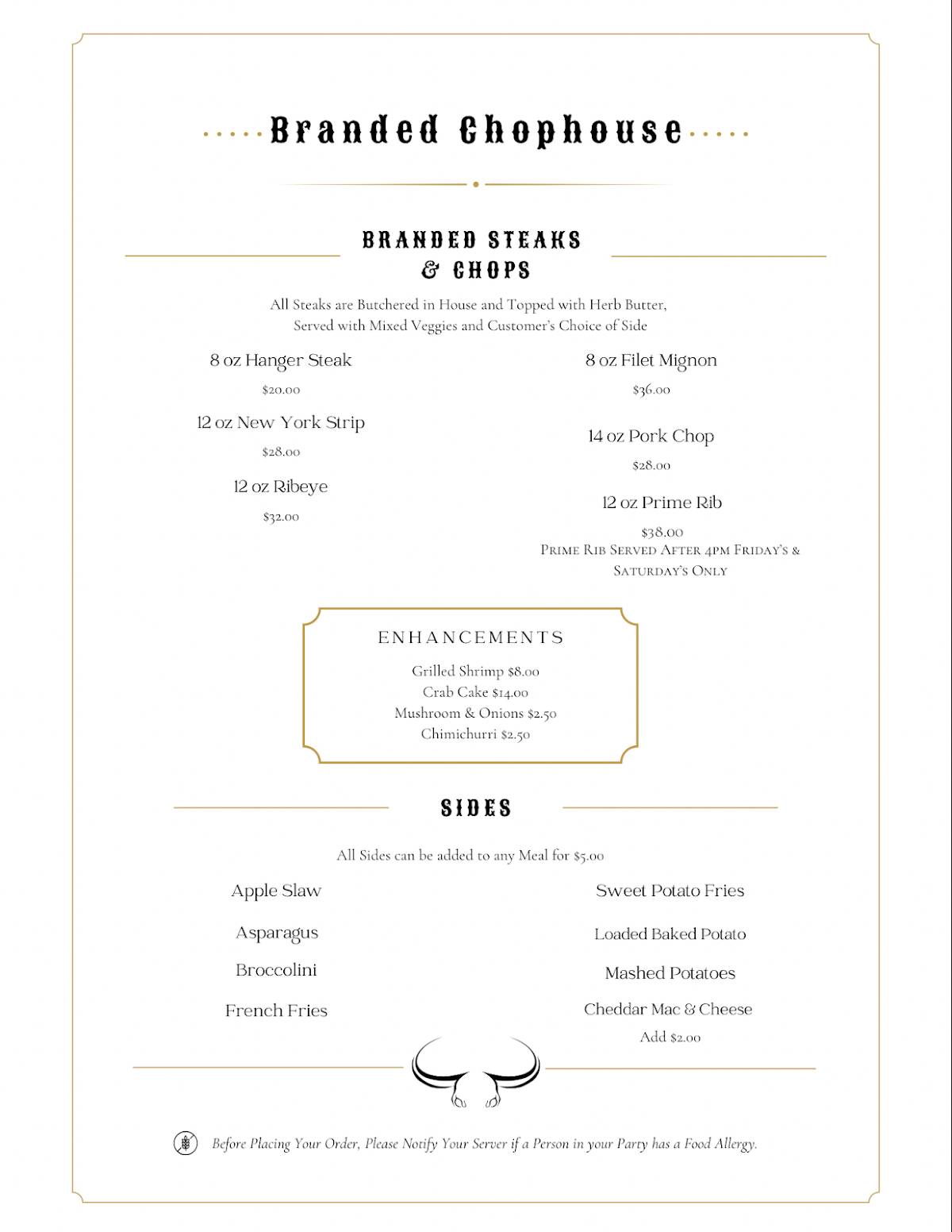 Menu at Branded Chophouse steakhouse, Boonsboro