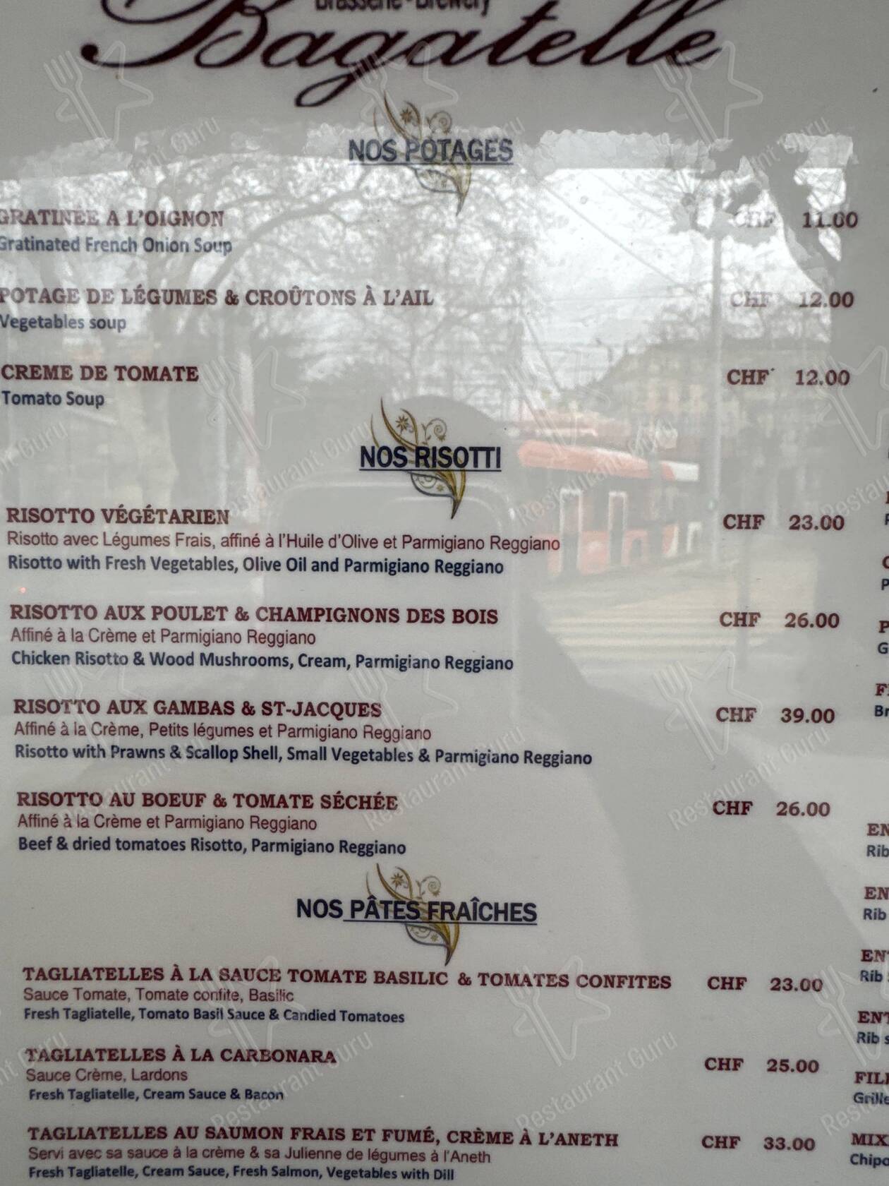 Menu at Brasserie Bagatelle, Geneva