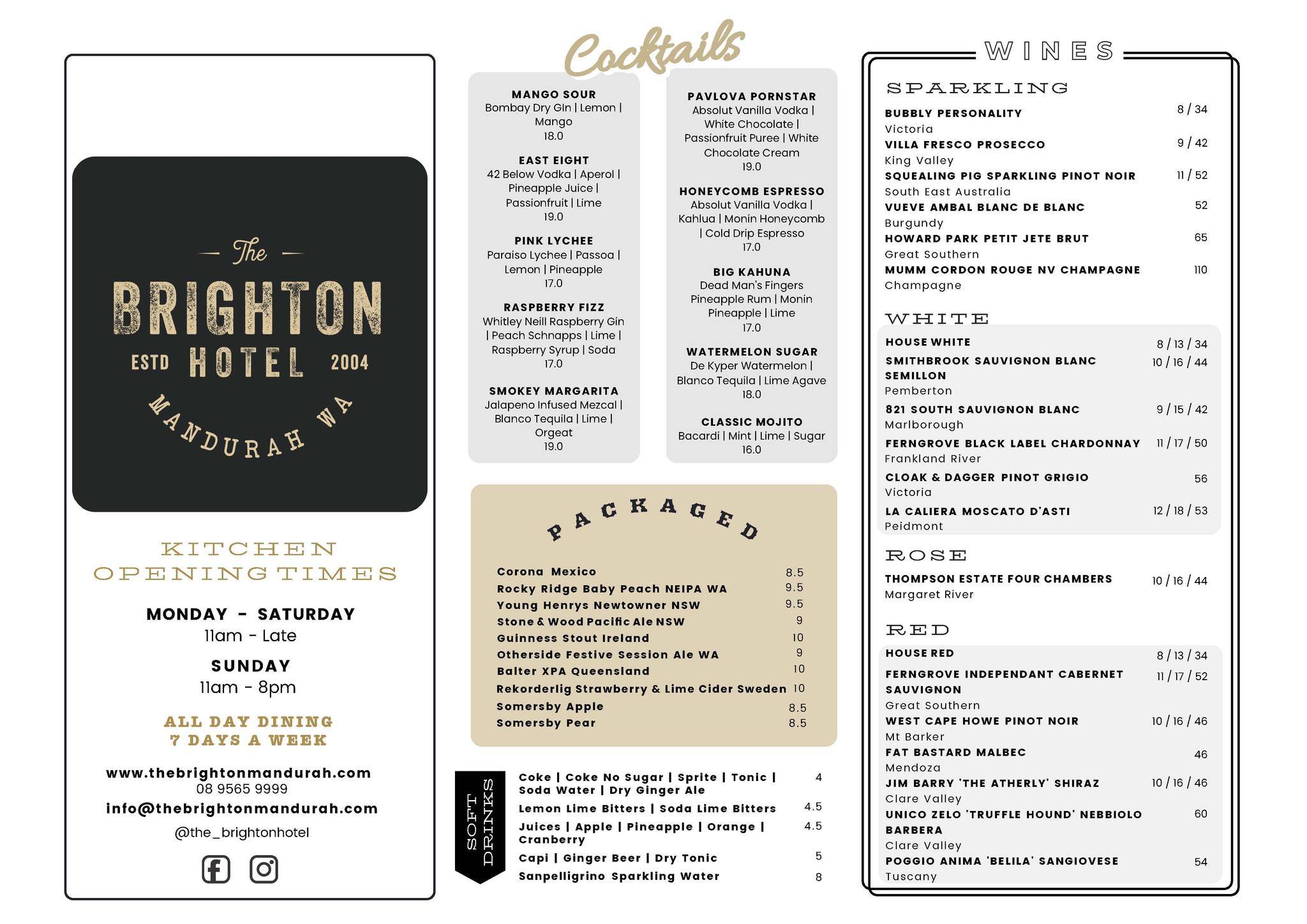 Menu at Brighton Hotel restaurant, Mandurah