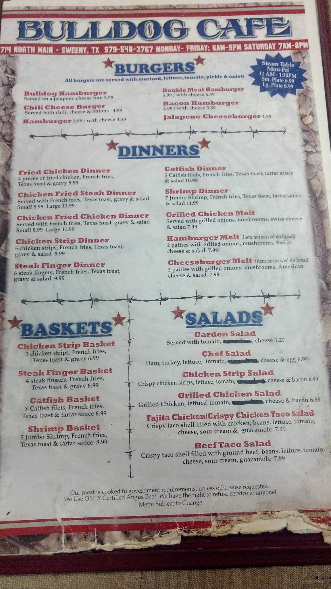 Menu at Bulldog Cafe, Sweeny