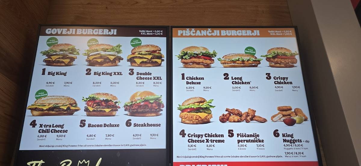 Carta del restaurante Burger King, Logatec