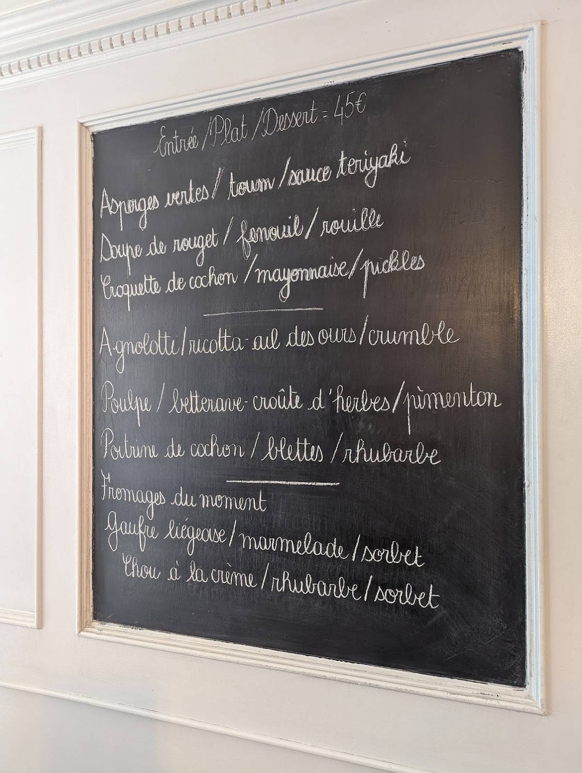 Menu at CODA restaurant, Paris