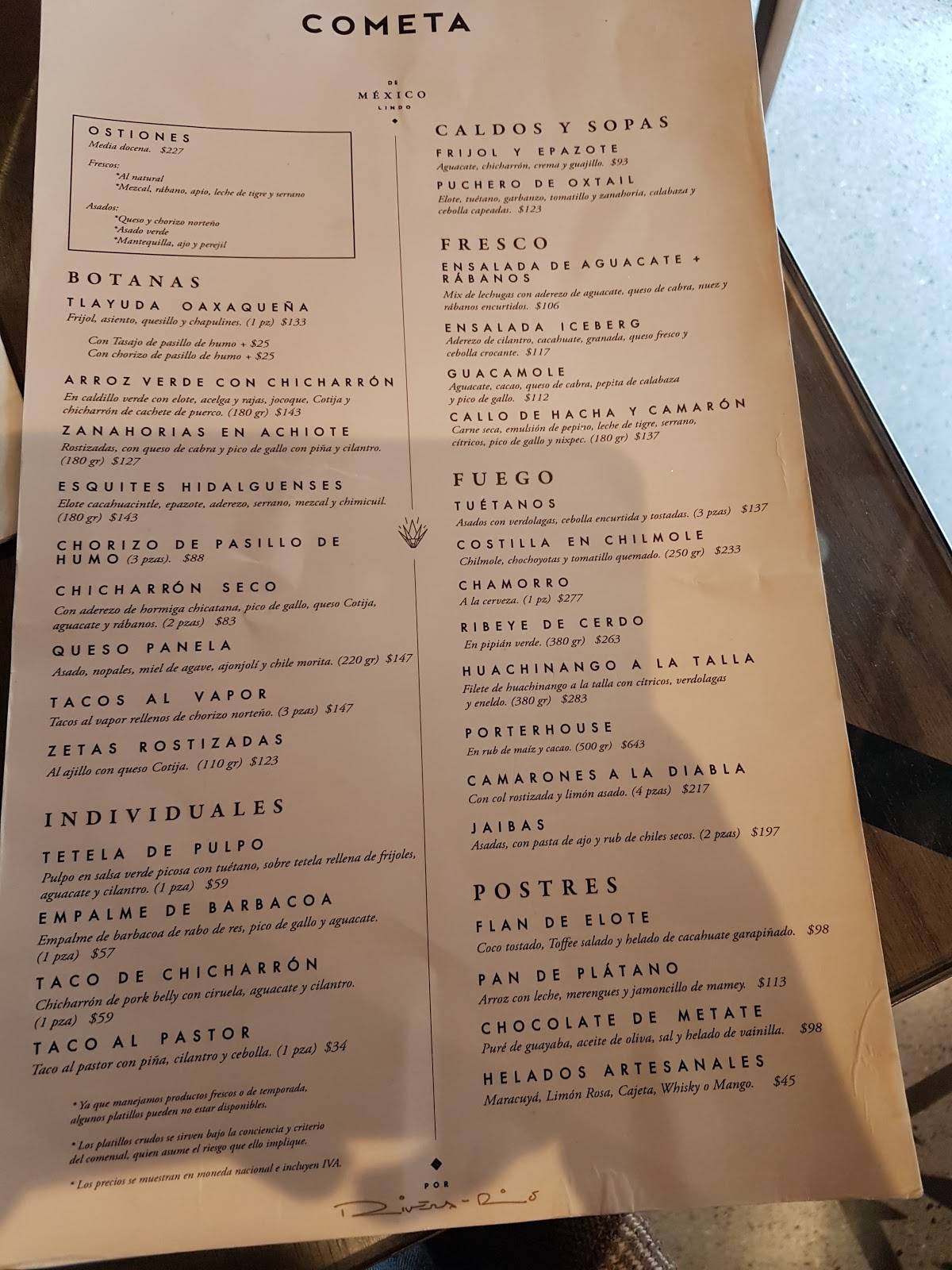 Carta del restaurante Cometa, San Pedro Garza García