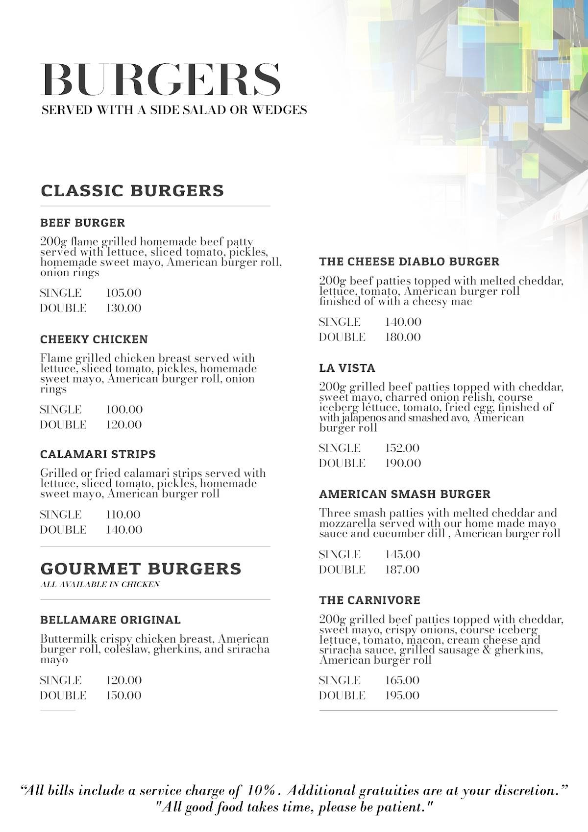 Menu at Café La Mare restaurant, Port Elizabeth