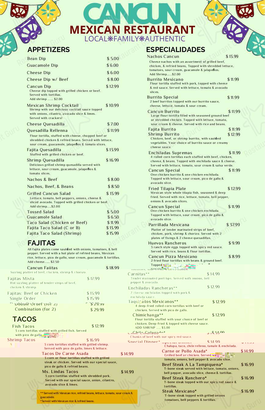 Menu at Cancun Mexican Restaurant, Lake Charles
