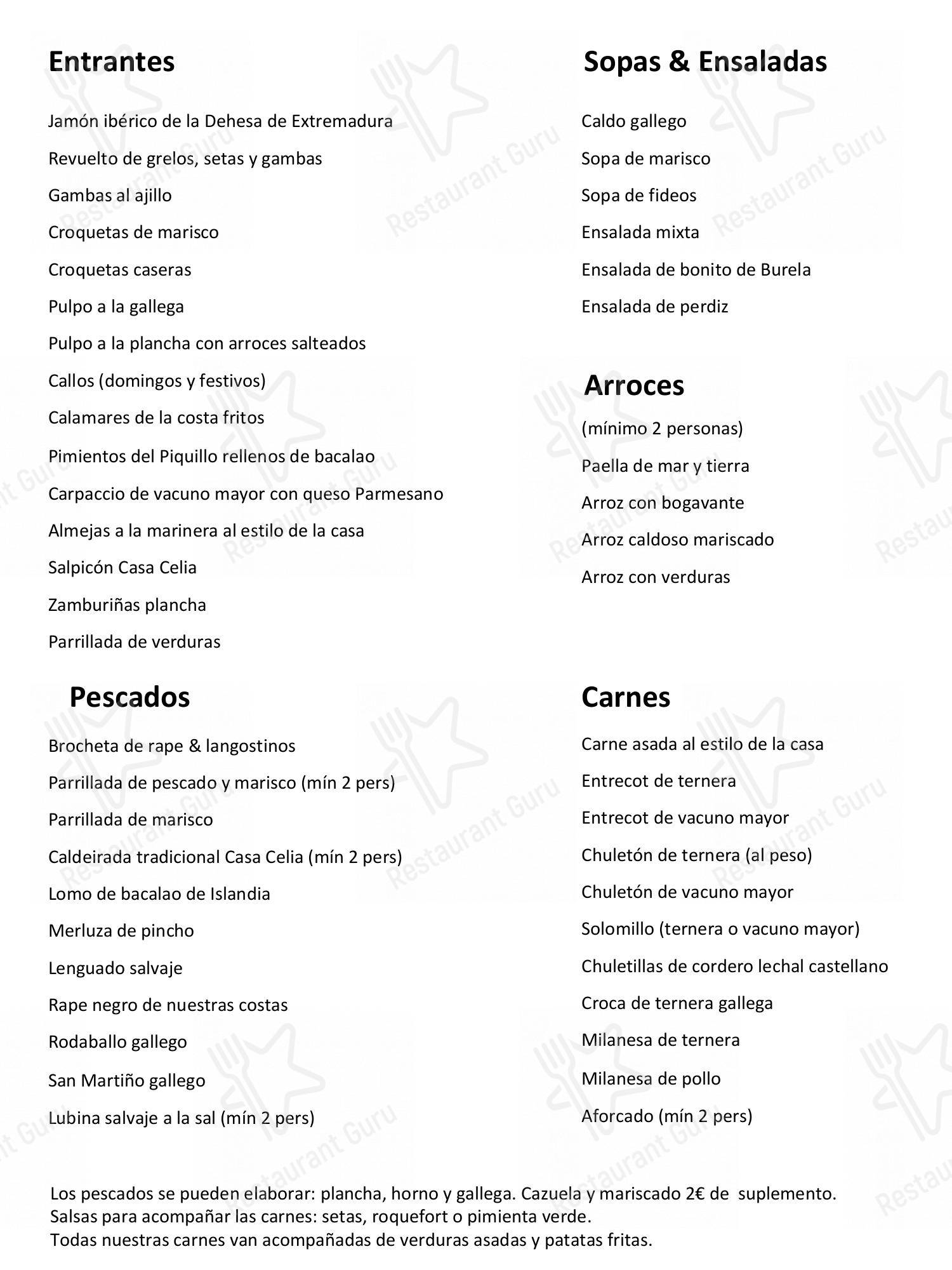 Carta de Restaurante Casa Celia, Cambre