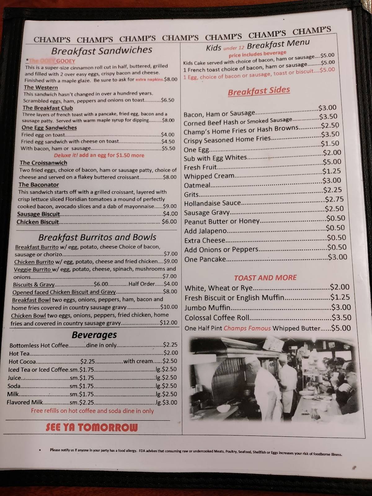 Menu at Champ's III restaurant, Arcadia