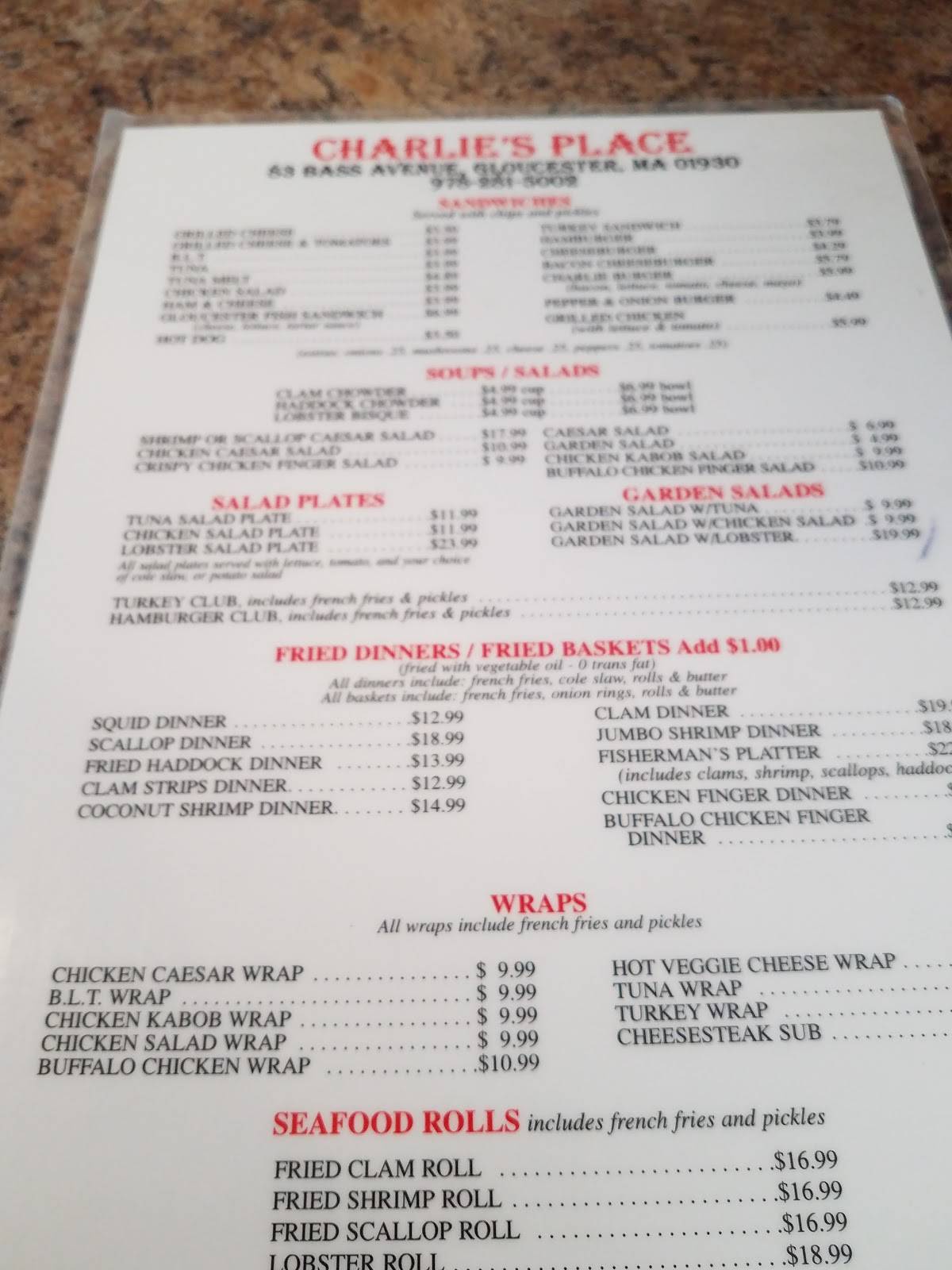 Menu at Charlie's Place restaurant, Gloucester