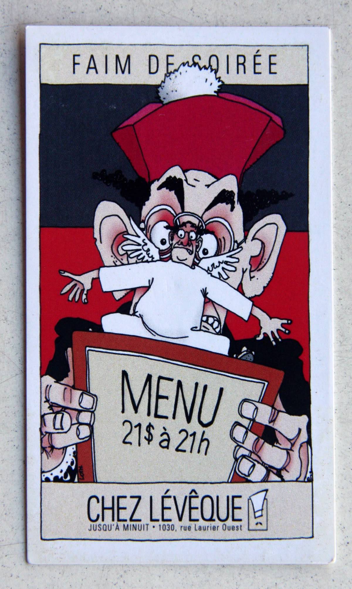 Menu au Chez Lévêque restaurant, Montréal