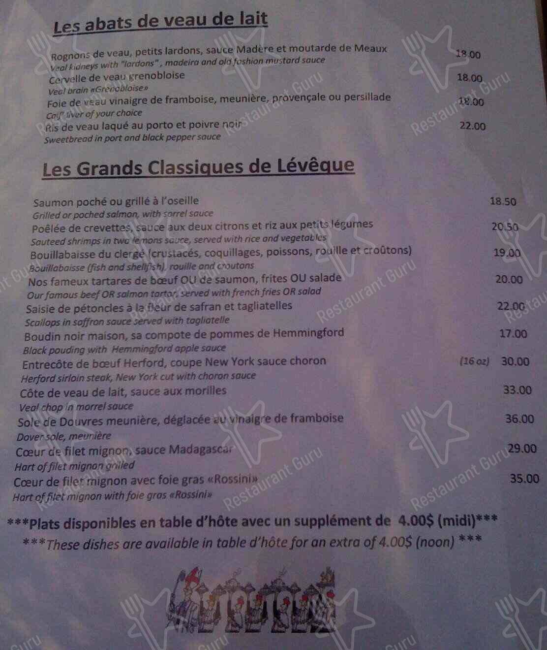 Menu au Chez Lévêque restaurant, Montréal