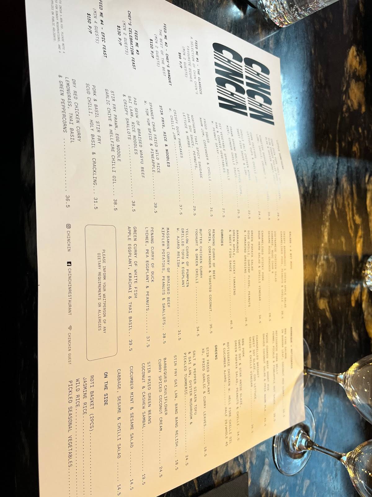 Menu at Chin Chin restaurant, Surry Hills
