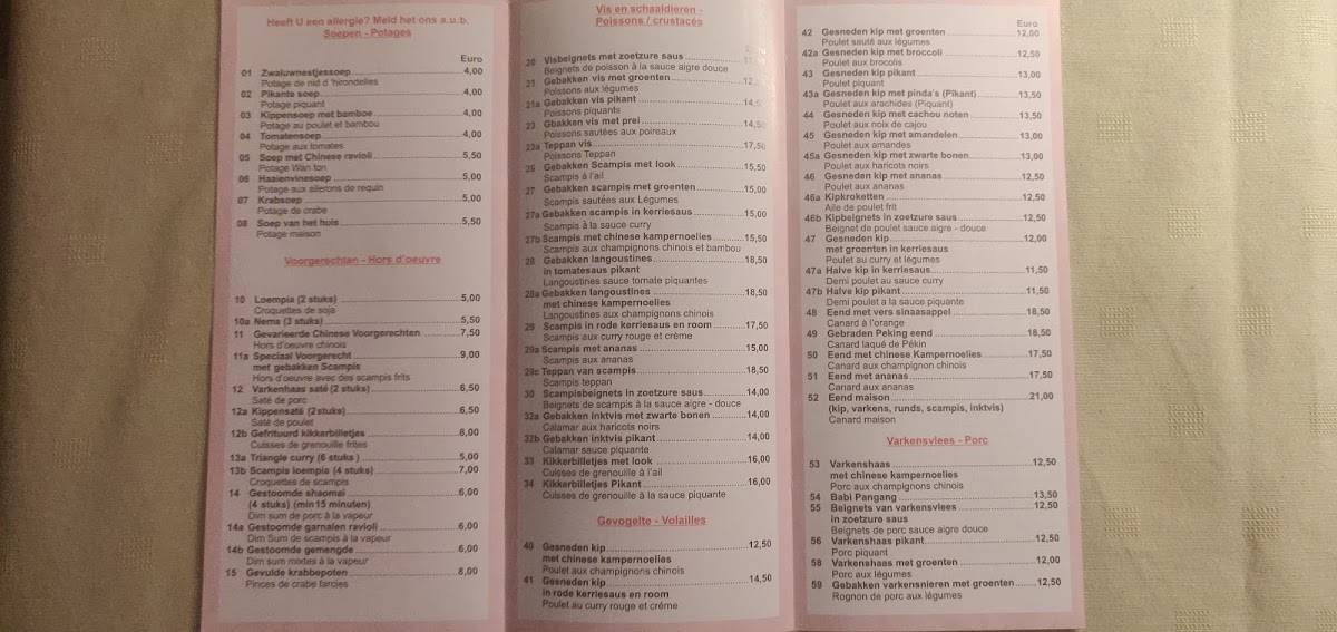 Menu au China Tao Jan Ting, Grimbergen