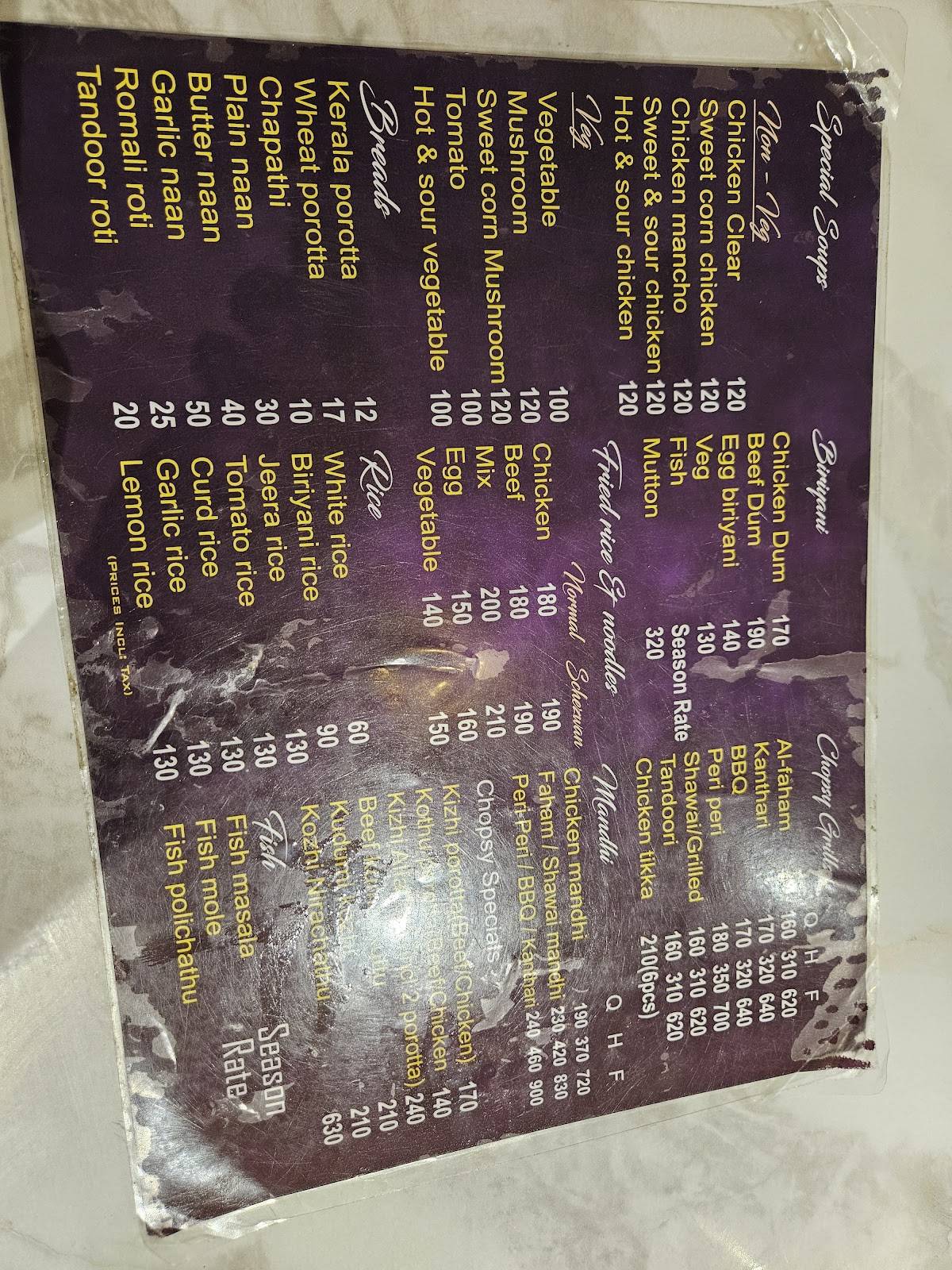 Menu at Chopsy Family Restaurant, Changanassery