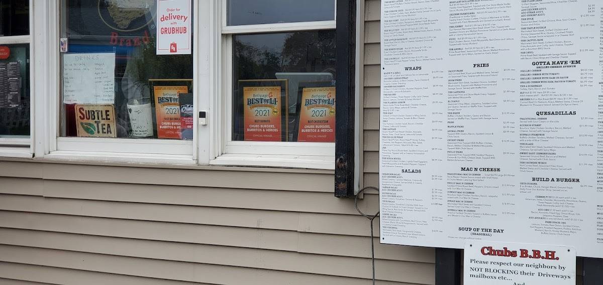 Menu at Chubs Burgers Burritos and Heroes restaurant, Farmingville