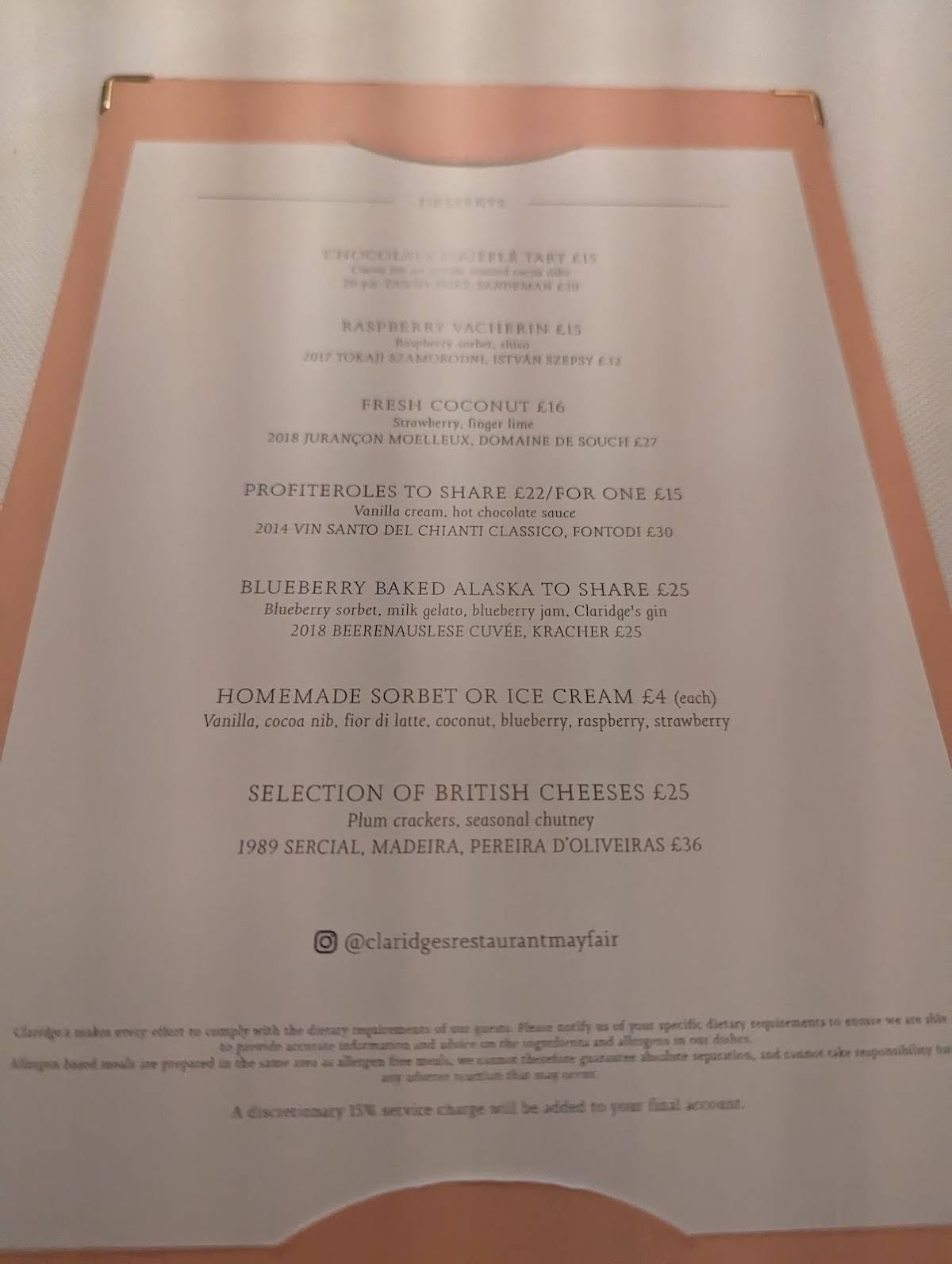 Menu at Claridge's Restaurant, London