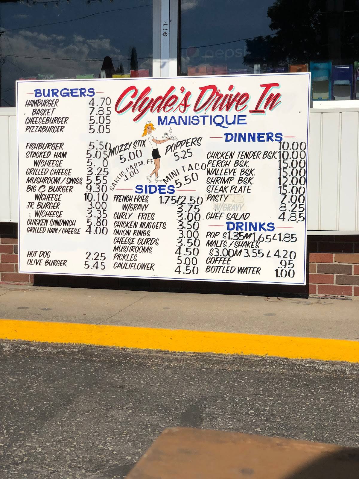 Menu at Clyde's Drive-In restaurant, Manistique