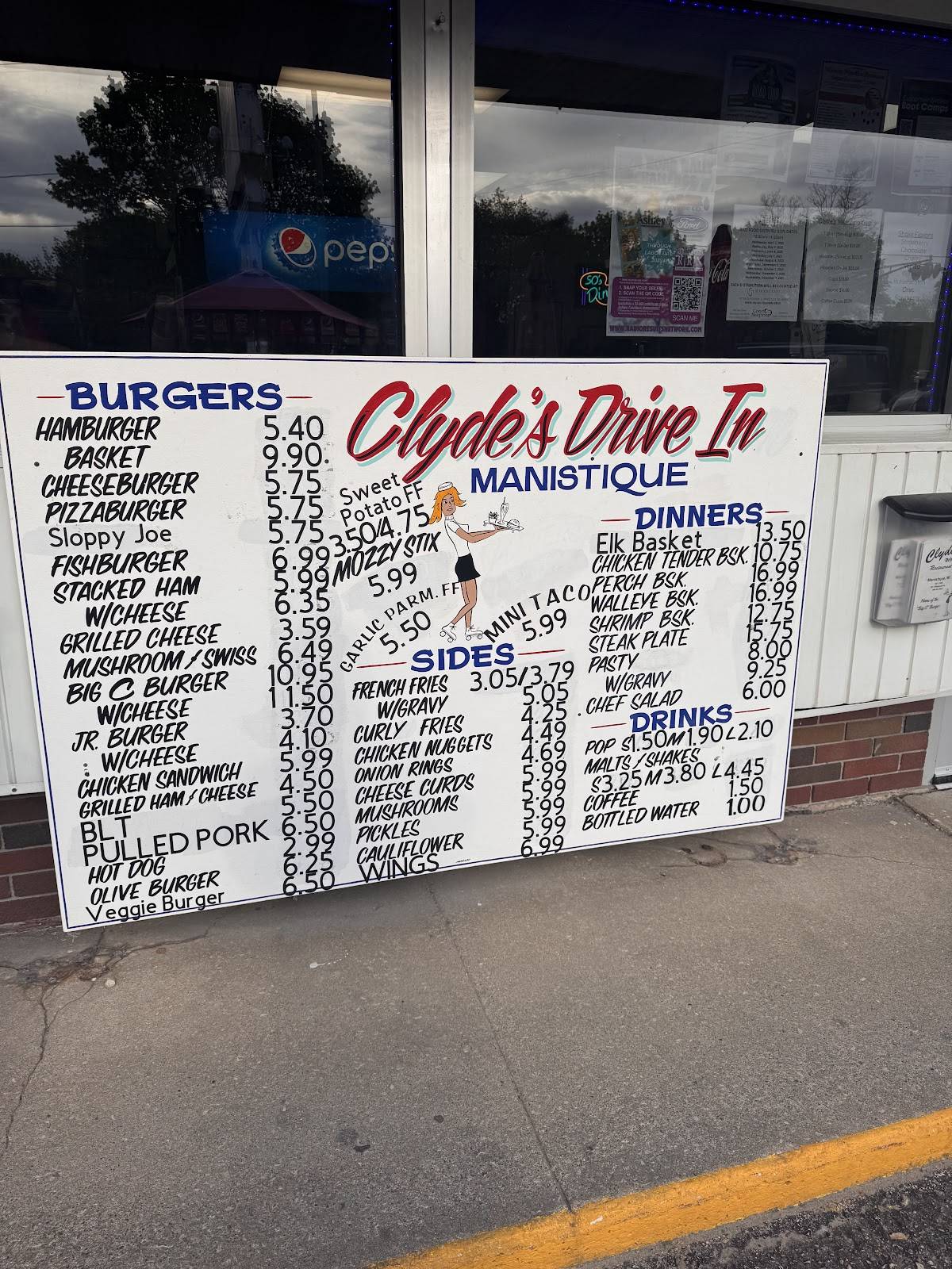 Menu at Clyde's Drive-In restaurant, Manistique