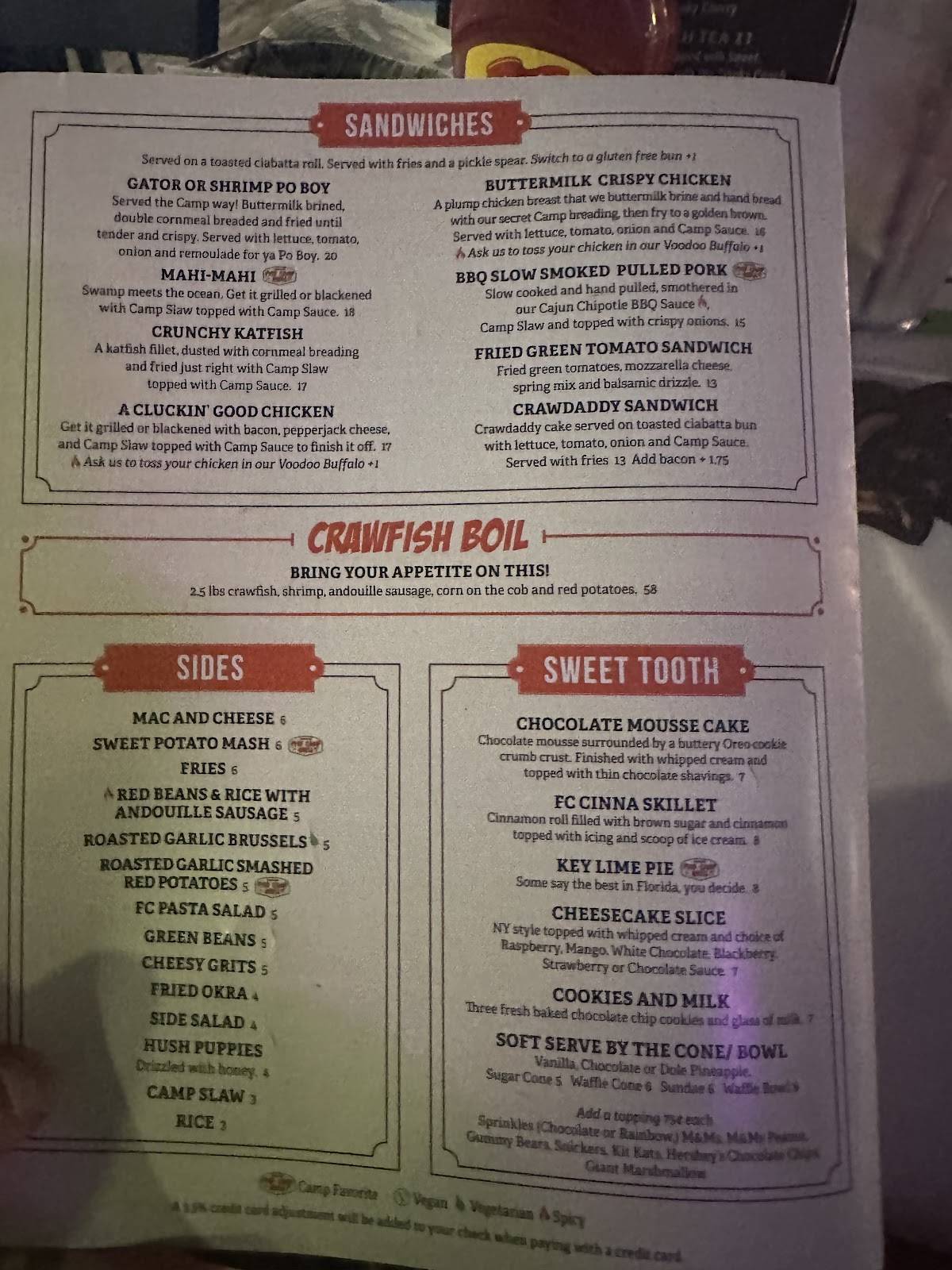 Menu at Cocoa Beach Fish Camp restaurant, Cocoa Beach