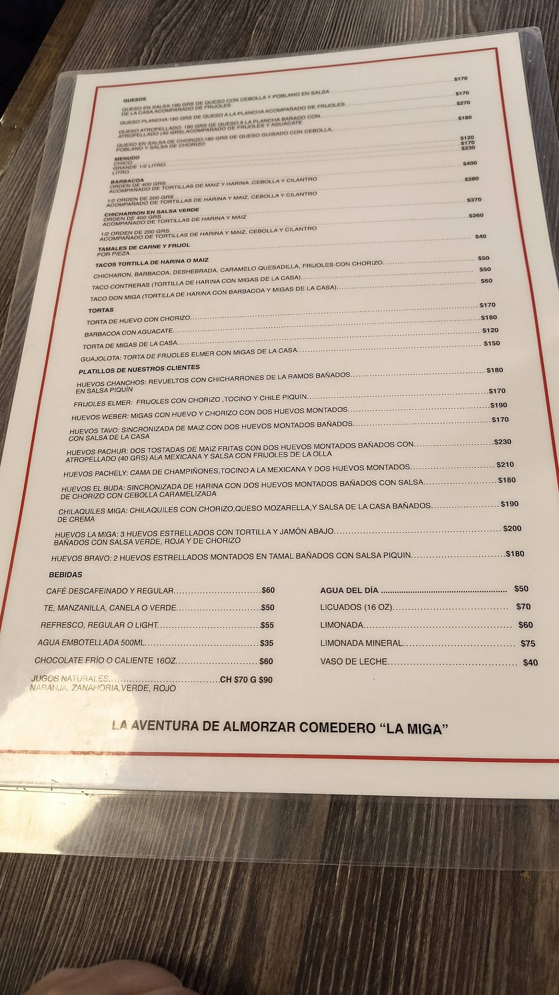 Carta del restaurante Comedero La Miga, Monterrey