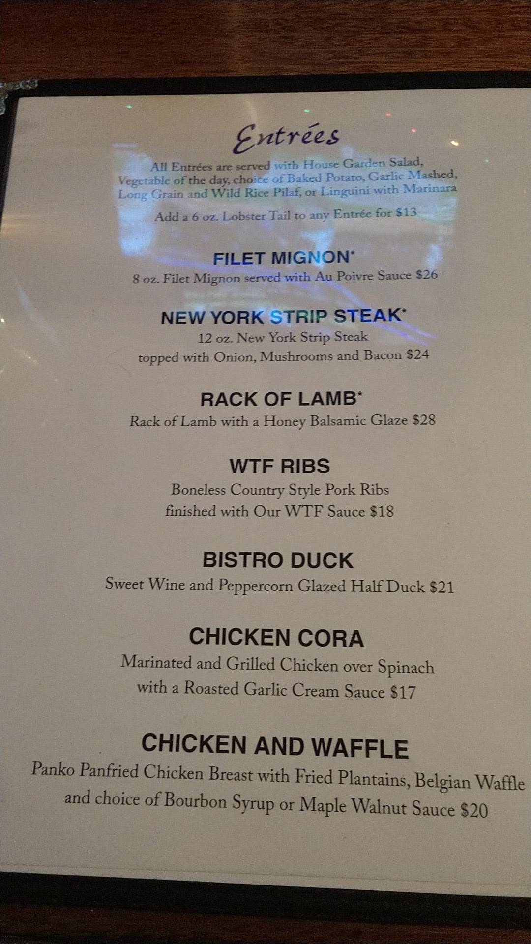 Menu at Cora's 1850 Bistro restaurant, Hawley, 525 Welwood Ave