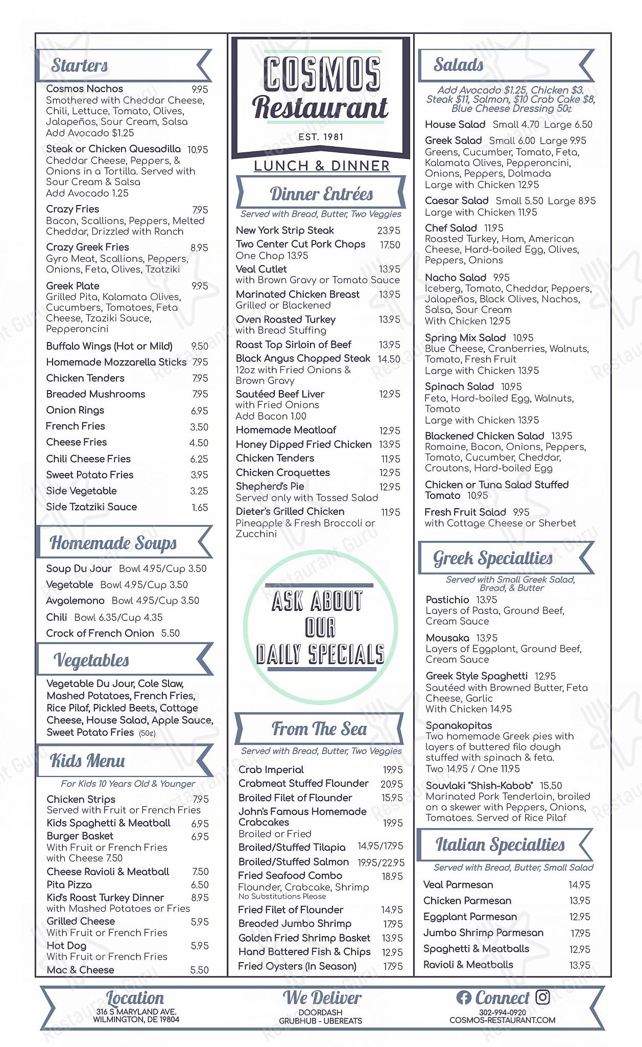 Menu at Cosmos Restaurant, Wilmington