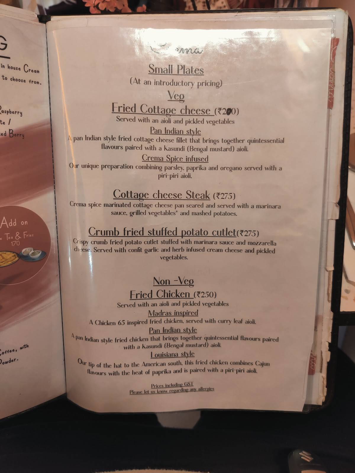 Menu at Crema, Chennai