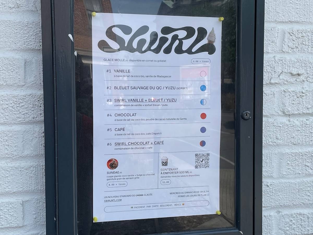Menu at Crèmerie SWIRL restaurant, Montréal